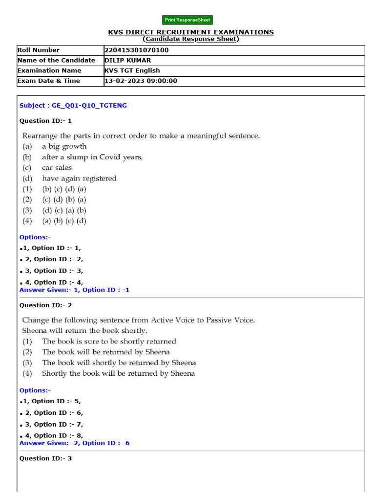 Response Sheet | PDF