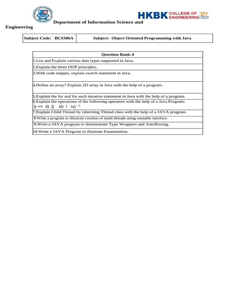 BCS306A-OOP With Java Question Bank-4 | PDF