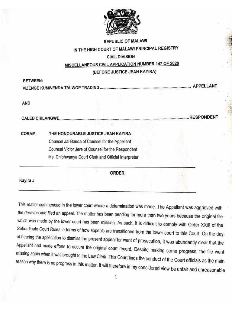 Vizenge Kumwenda Vs Caleb Chilangwe-Misc Civil Application Number 147 of 2020 | PDF