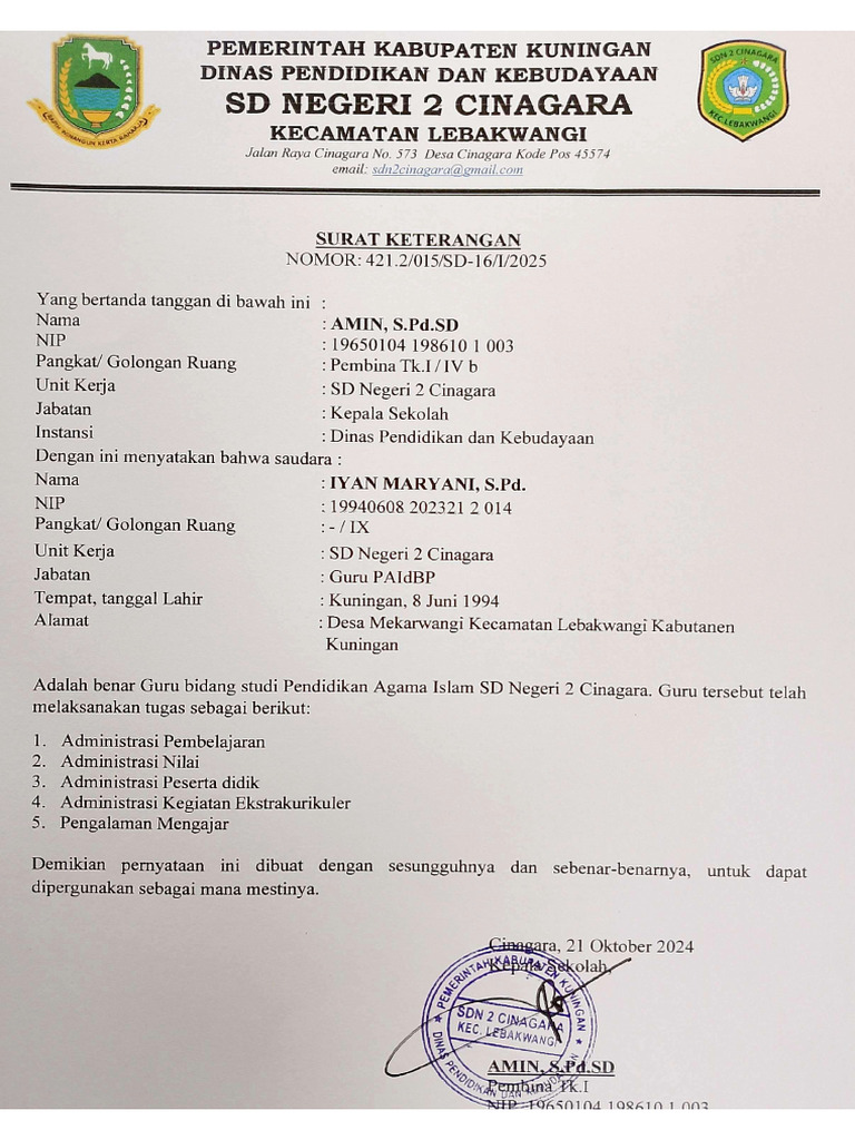 Surat keterangan kepsek tentang Adm Pembelajaran. | PDF