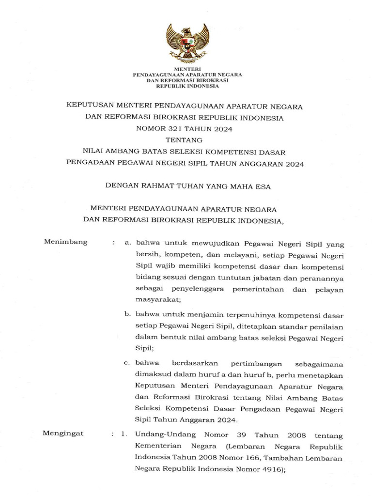 Kepmenpanrb No 321 TH 2024 TTG NAB SKD Pengadaan PNS TH 2024 Compressed | PDF