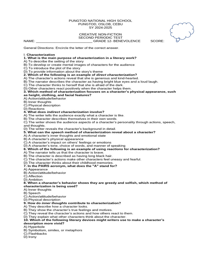 Grade 12 Creative Non-Fiction Test | PDF | Narration | Thought