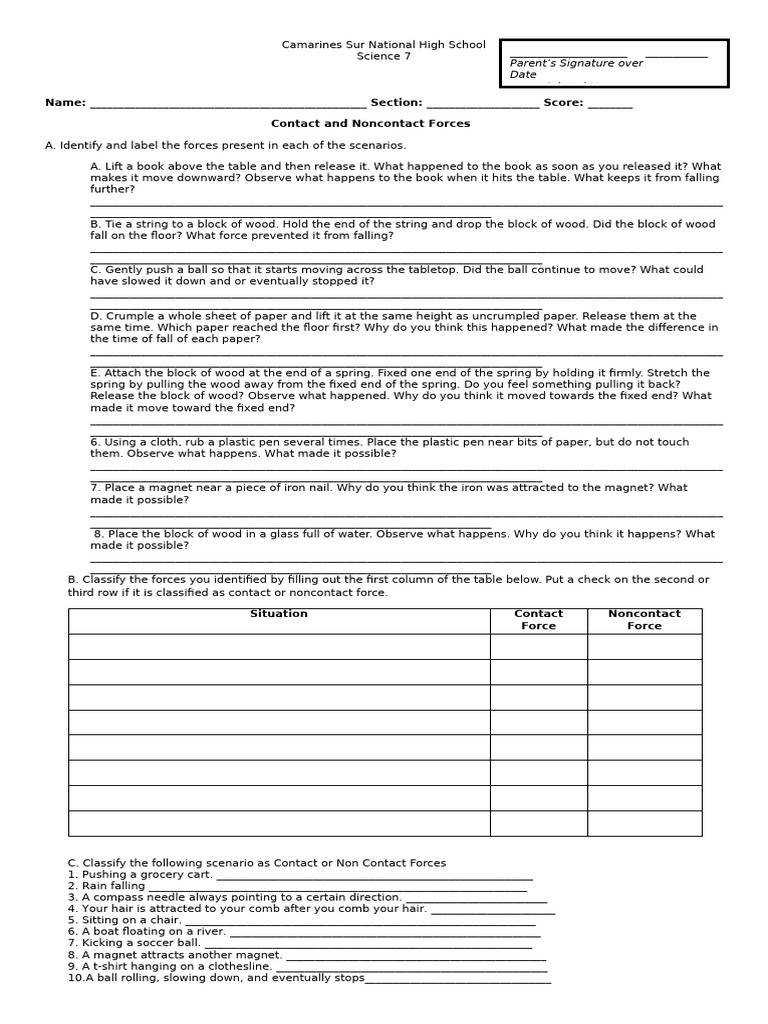 Worksheet No 1 Contact and Non Contact Forces | PDF