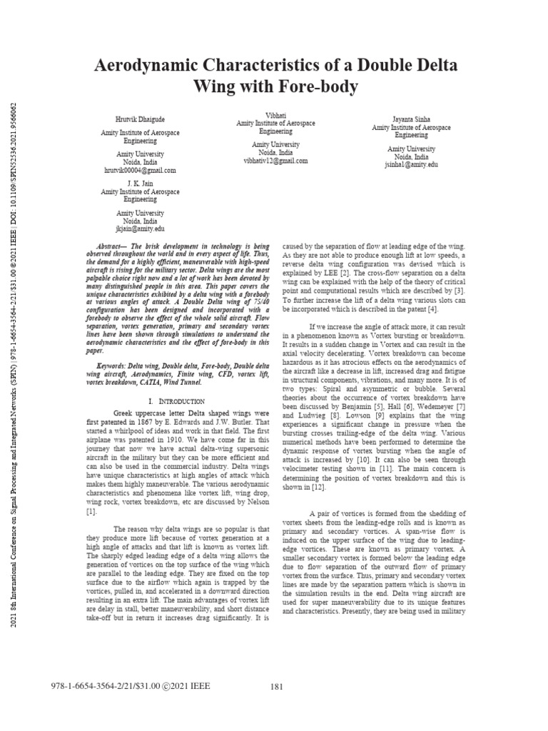 Aerodynamic Characteristics of A Double Delta Wing With Fore-Body | PDF ...