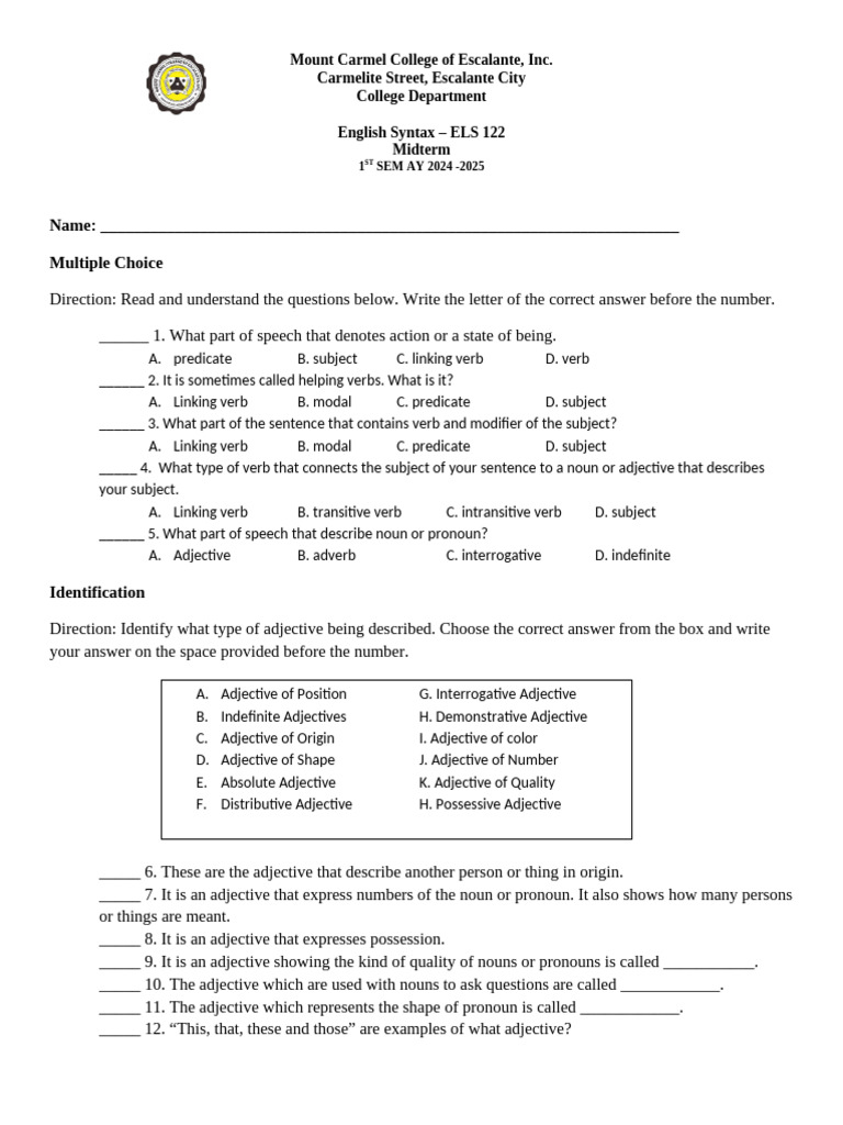 English Syntax - Midterm - Jardinero | PDF | Verb | Adjective