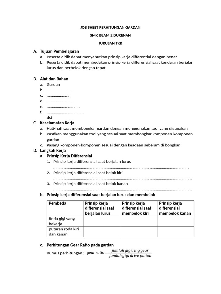 Job Sheet Perhitungan Gardan | PDF