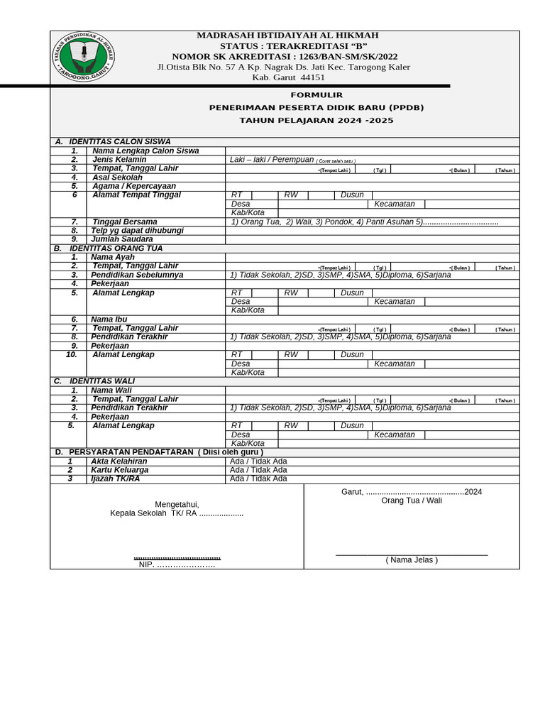 Contoh Formulir Pendaftaran Siswa Baru PPDB 2023/2024 | PDF