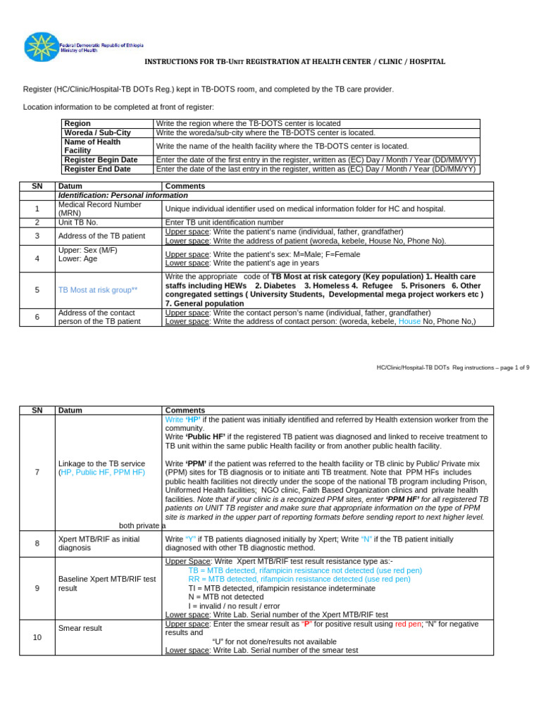 Instructions TB-Unit Register - 26 JUNE 2017 | PDF | Tuberculosis ...