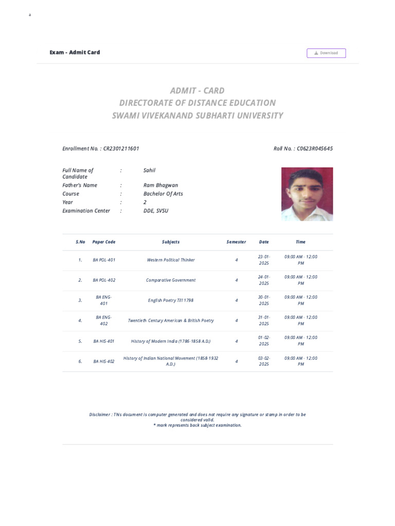 SBS 4th Sem Paper Admit Card | PDF | Qualifications | Vocational Education