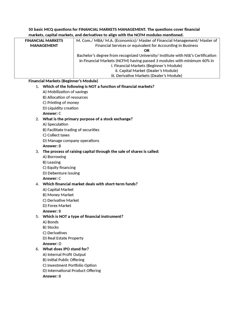 Financial Markets Management 50 MCQ | PDF | Financial Risk | Derivative ...