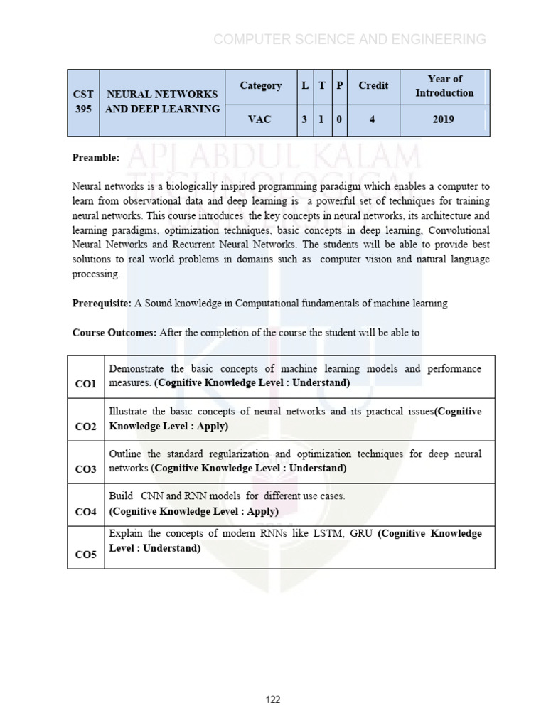 CST395 - ML Syllabus | PDF | Artificial Neural Network | Deep Learning CST395 - ML Syllabus | PDF | Artificial Neural Network | Deep Learning