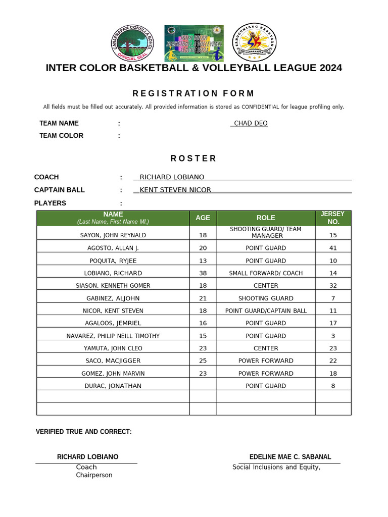 INTERCOLOR-REGISTRATION-FORM-TEAM-2 (1) | PDF | Sports | Ball Games