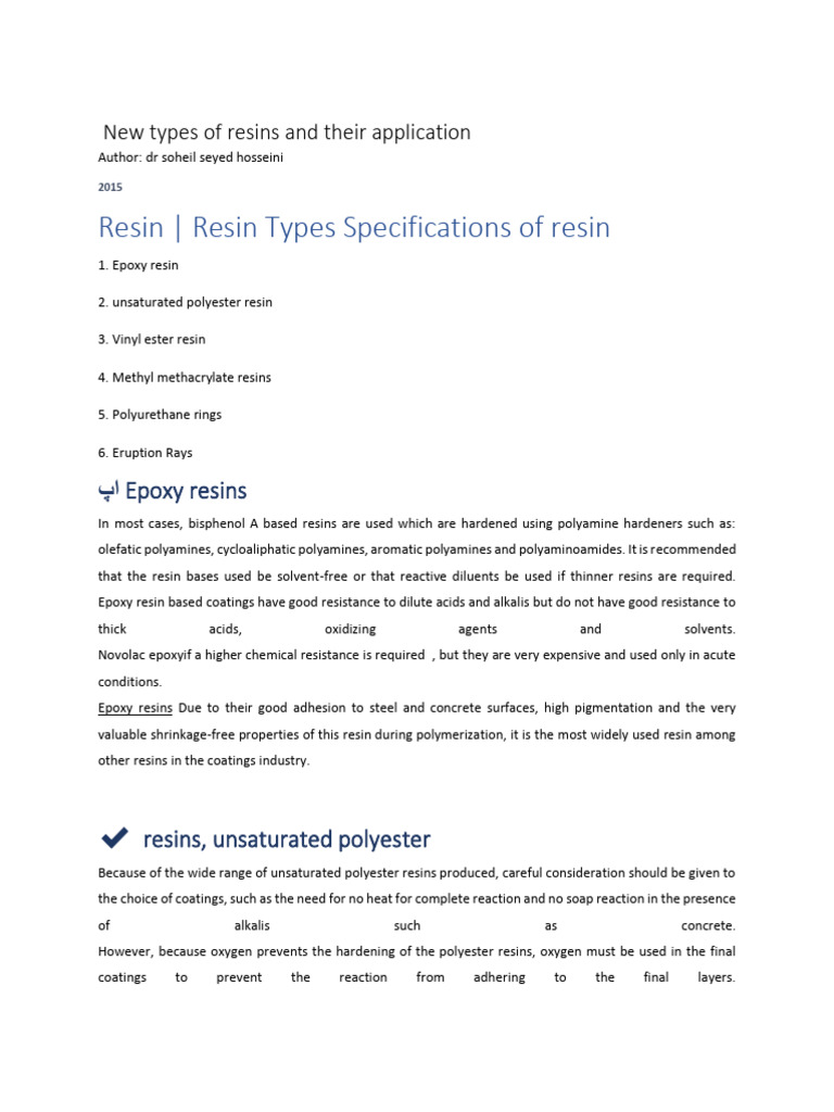 Types of Resins and Their Applications | PDF | Polyester | Epoxy