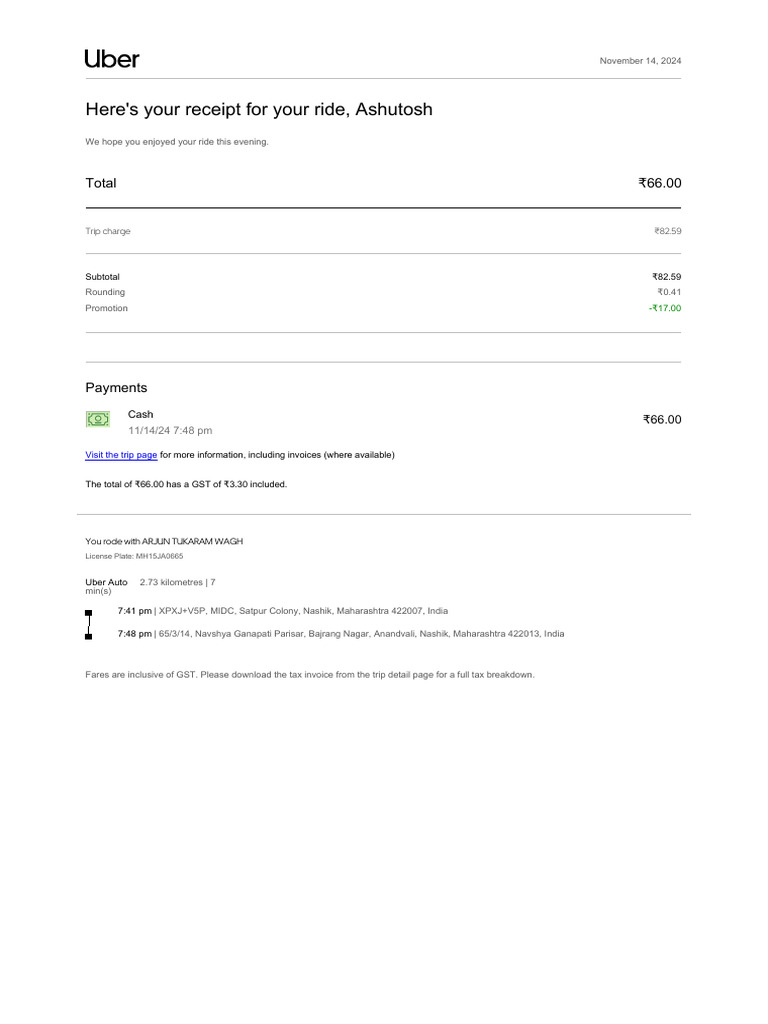Uber Ride Receipt for November 14, 2024 | PDF