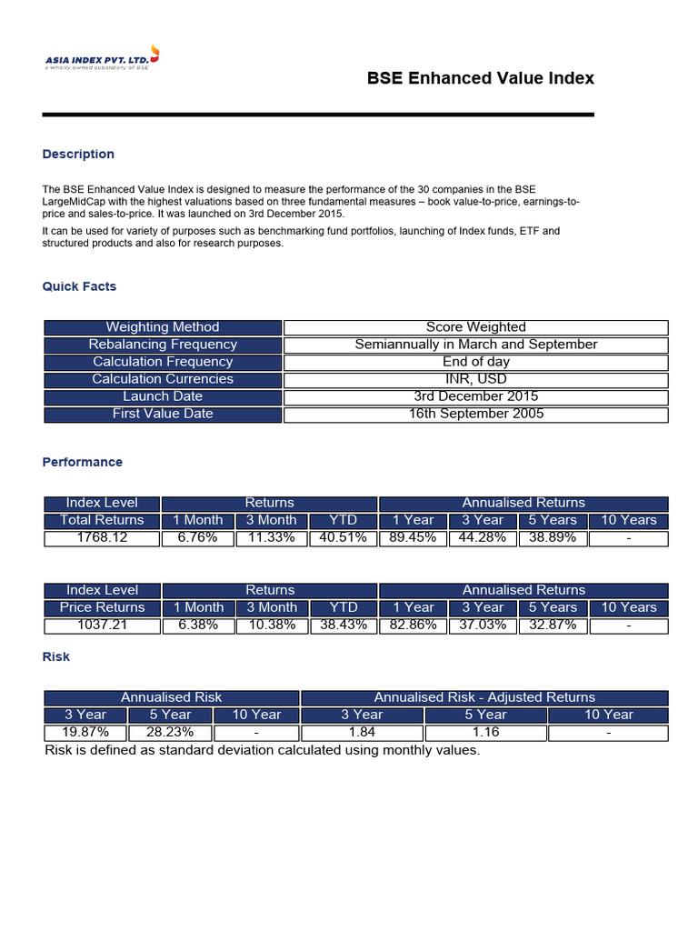 Factsheet BSE Enhanced Value Index Jul-2024 | PDF | Investment Fund ...