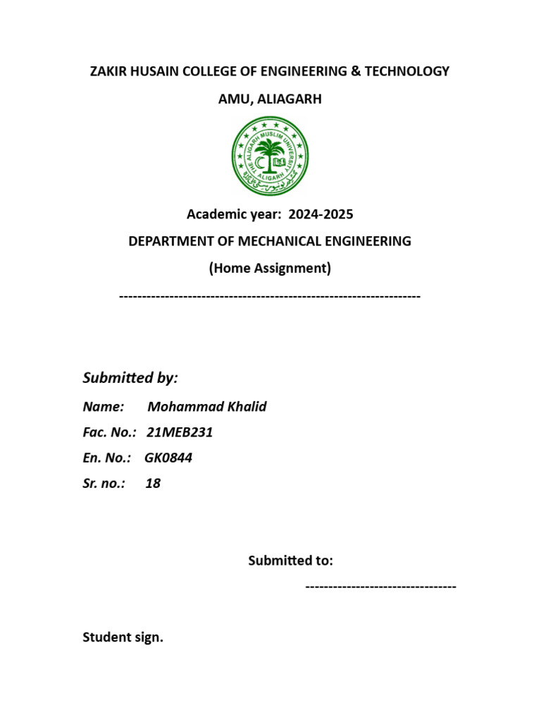 Mechanical Engineering Assignment 2024-25 | PDF