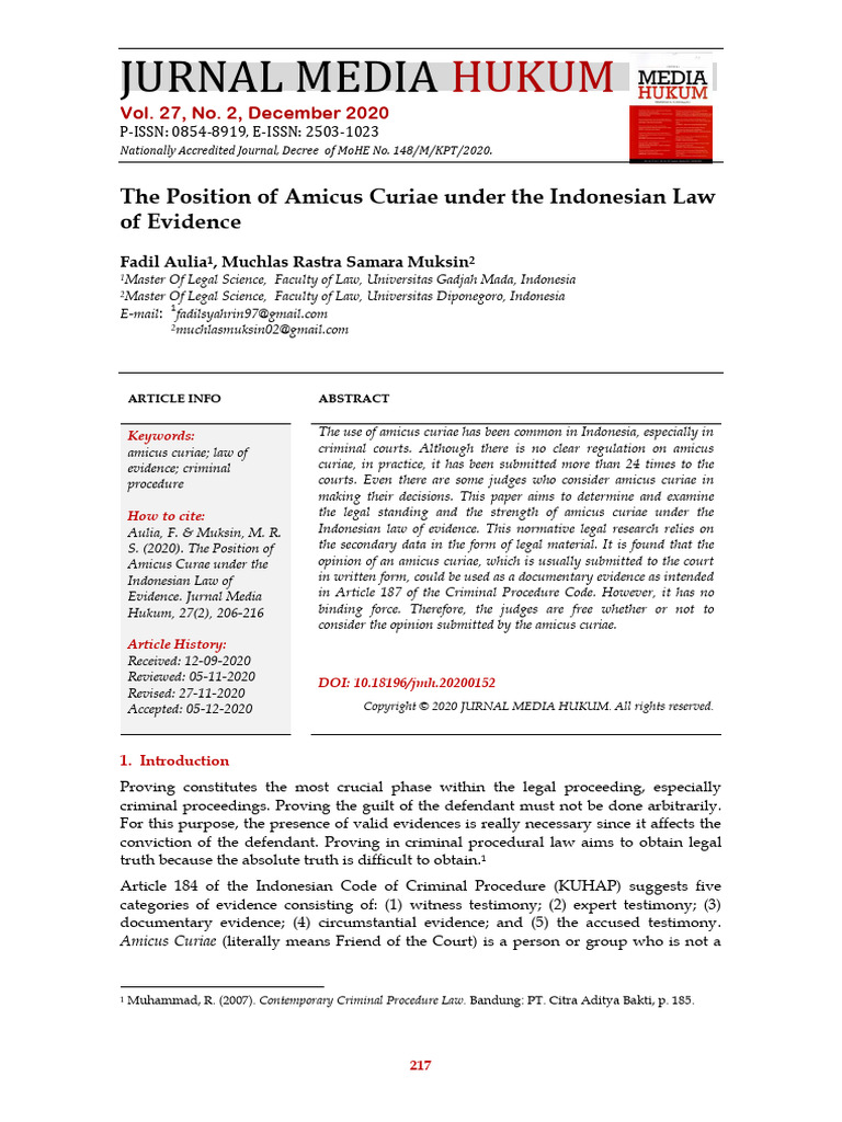 The Positionof Amicus Curiaeunderthe Indonesian Lawof Evidence | PDF | Amicus Curiae | Evidence