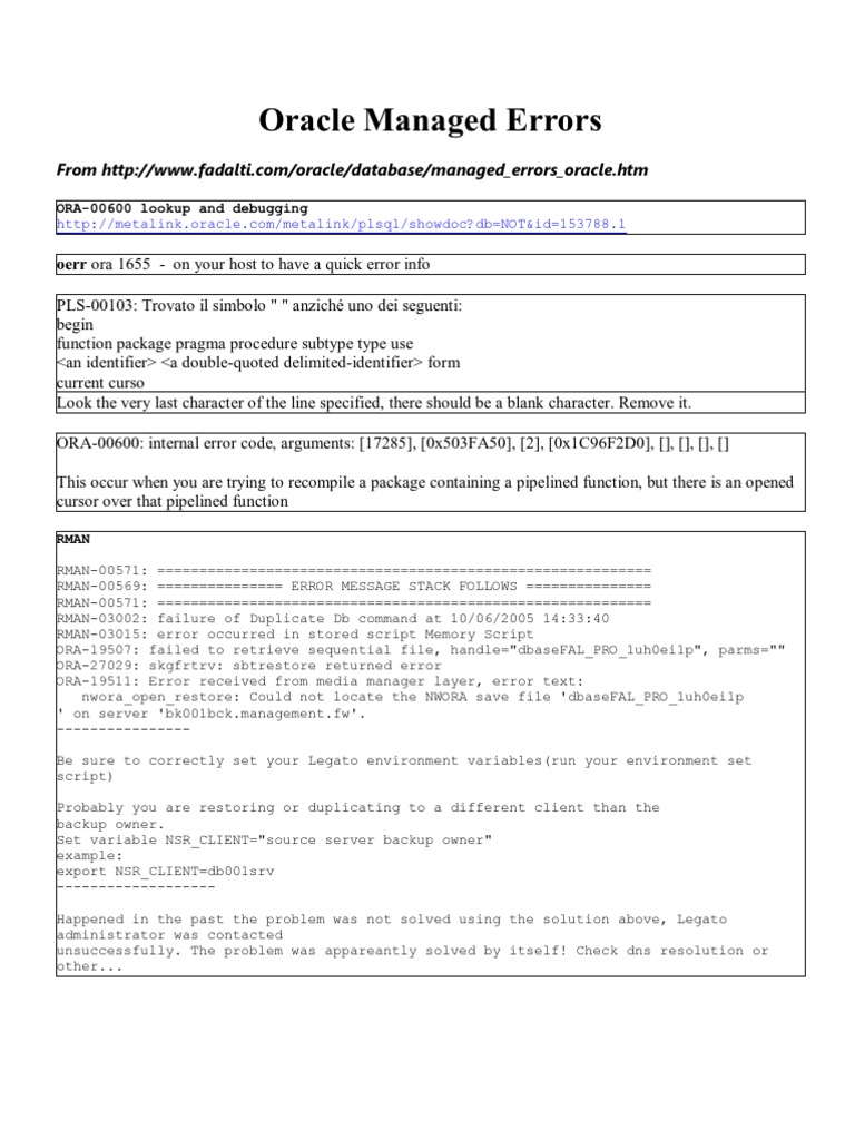 Oracle Managed Errors | PDF | Oracle Database | Backup