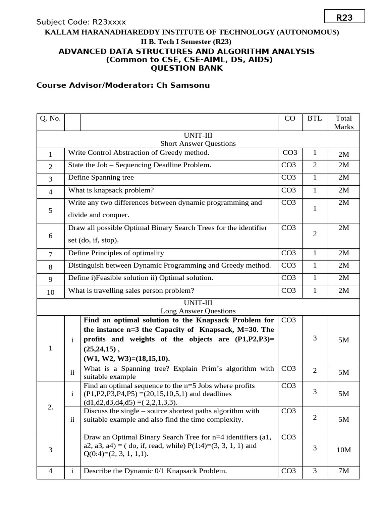 2-1-Ads r23 Mid-2 Question Bank 2024-25 | PDF | Dynamic Programming | Theoretical Computer Science
