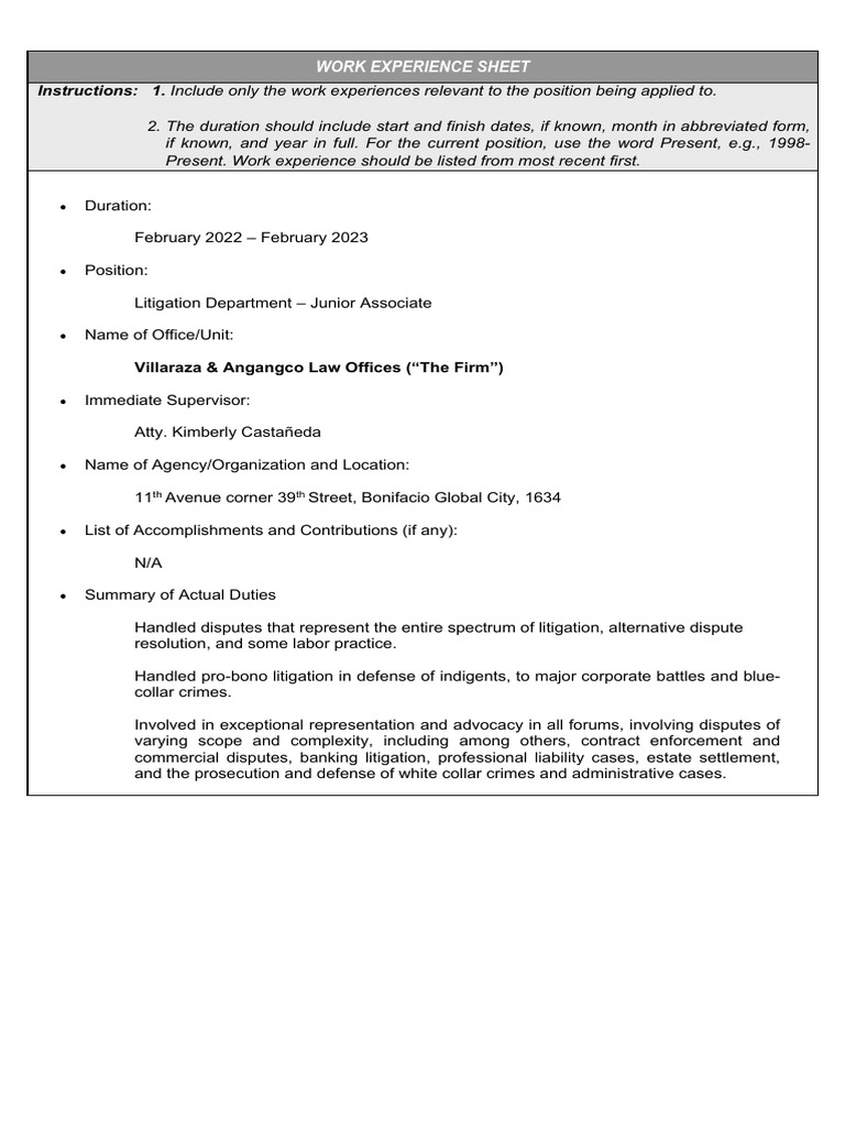 Cs Form No 212 Work Experience Sheet Pdf Common Law Justice
