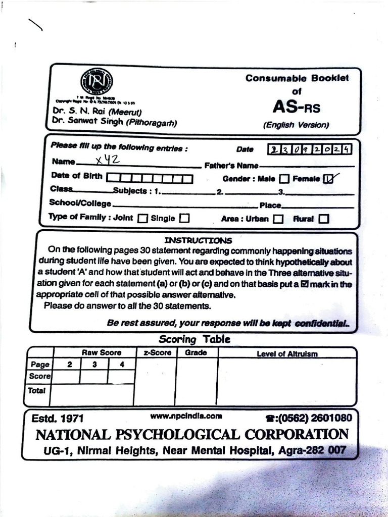 Altruism Scale Questionnaire | PDF