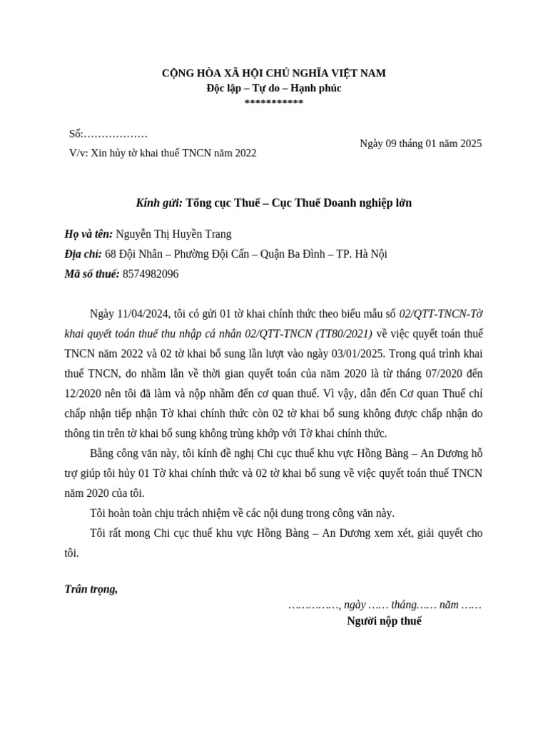 Mau Cong Van Xin Huy To Khai Thue TNCN | PDF