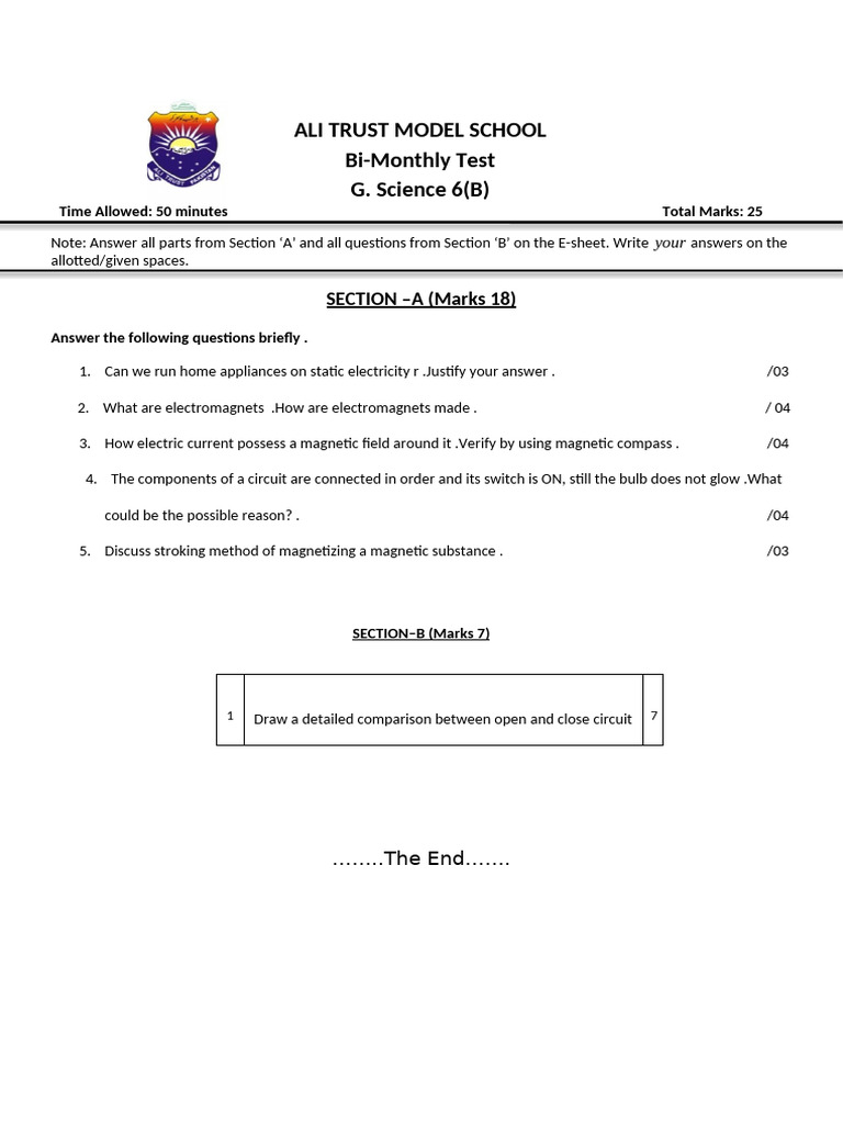 Bi-monthly test grade 6B Paper Physics 2024 | PDF