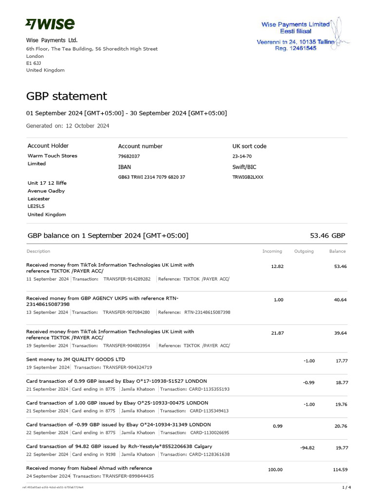 Statement 47756640 GBP 2023-01-10 2024-01-01 | PDF | Banking | Services (Economics)