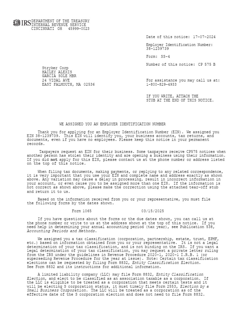 EIN Assignment Confirmation Notice | PDF | Limited Liability Company ...