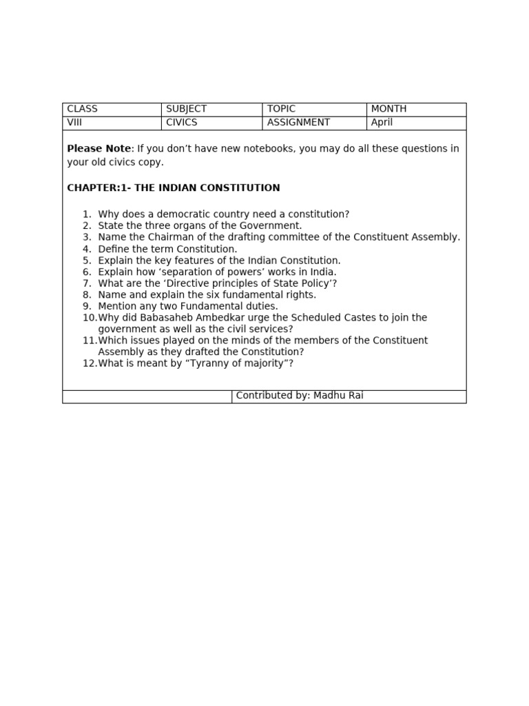 Civics Assignment on Indian Constitution | PDF