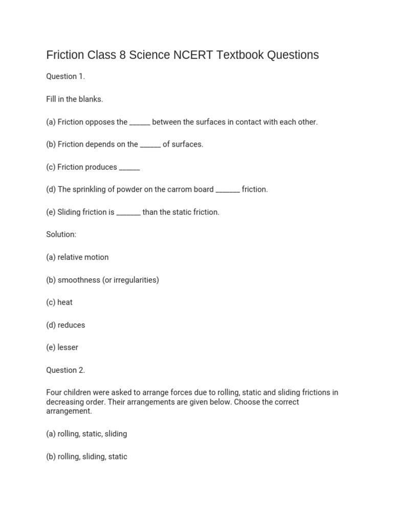NCERT Class 8 Science: Friction Questions | PDF | Friction | Force