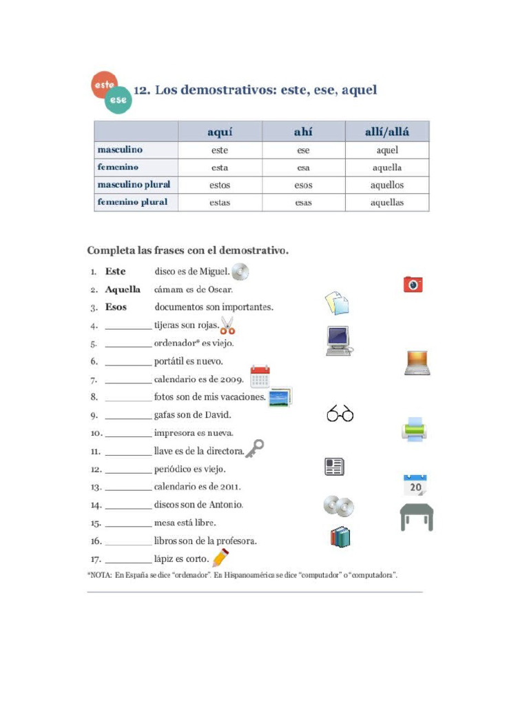 Ejercicio - Los Demonstrativos | PDF