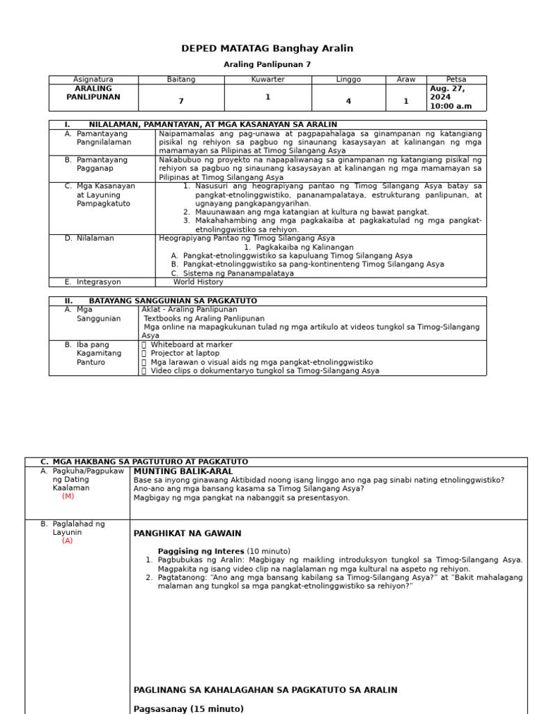 BANGHAY ARALIN Format Matatag.. | PDF