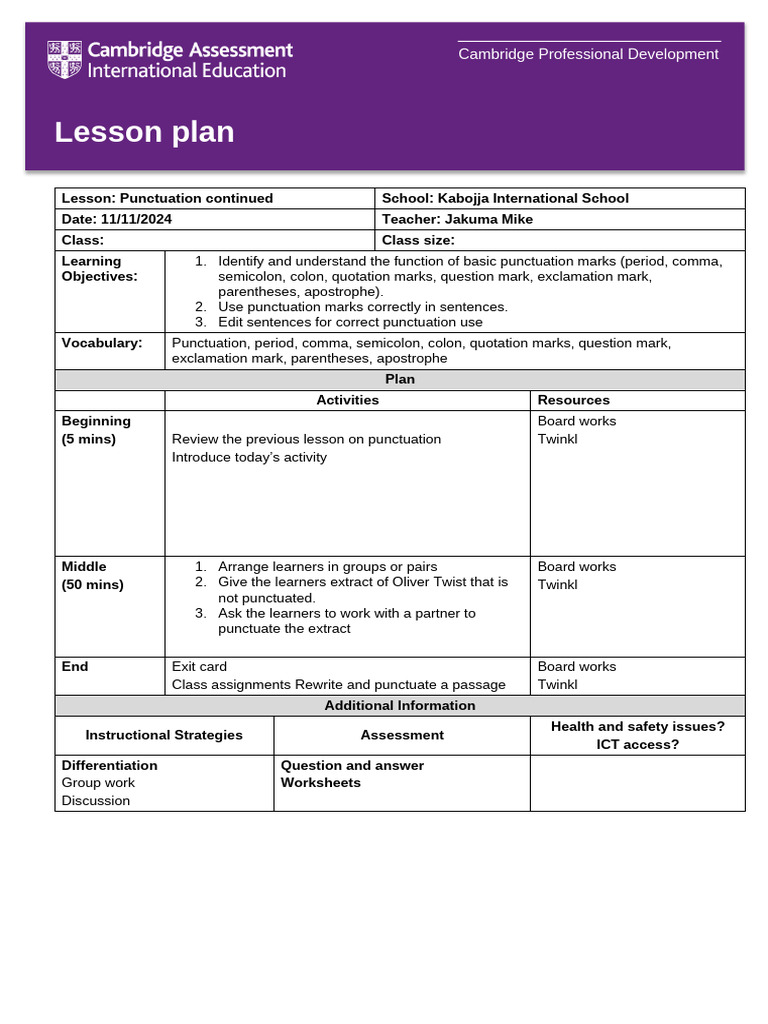 Lesson Plan-Punctuation Continued | PDF