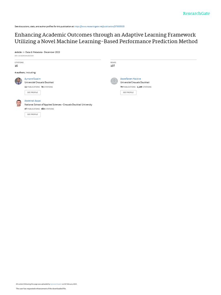 Enhancing Academic Outcomes Through An Adaptive Learning Framework Utilizing A Novel Machine ...