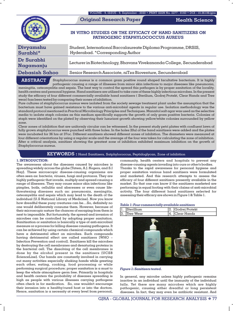 In Vitro Studies On The Efficacy of Hand Sanitizers On Pathogenic ...