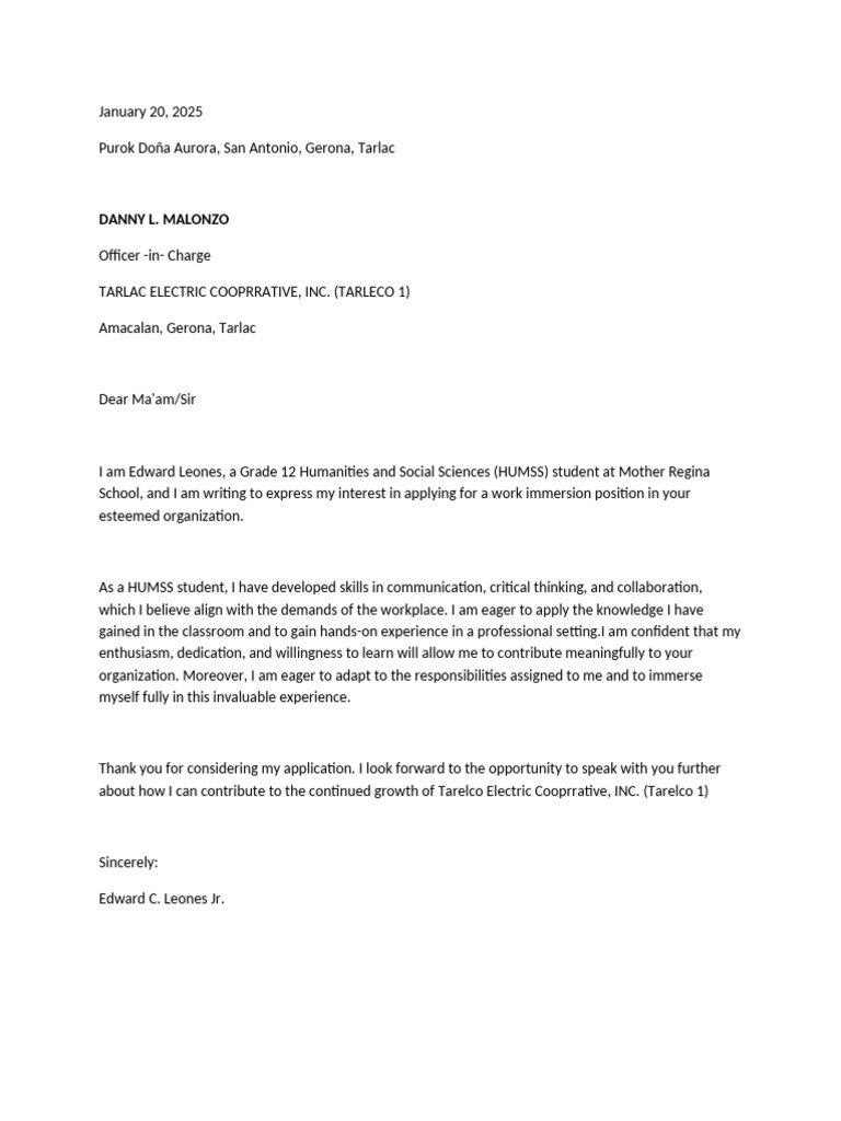 Work Immersion Application Letter | PDF