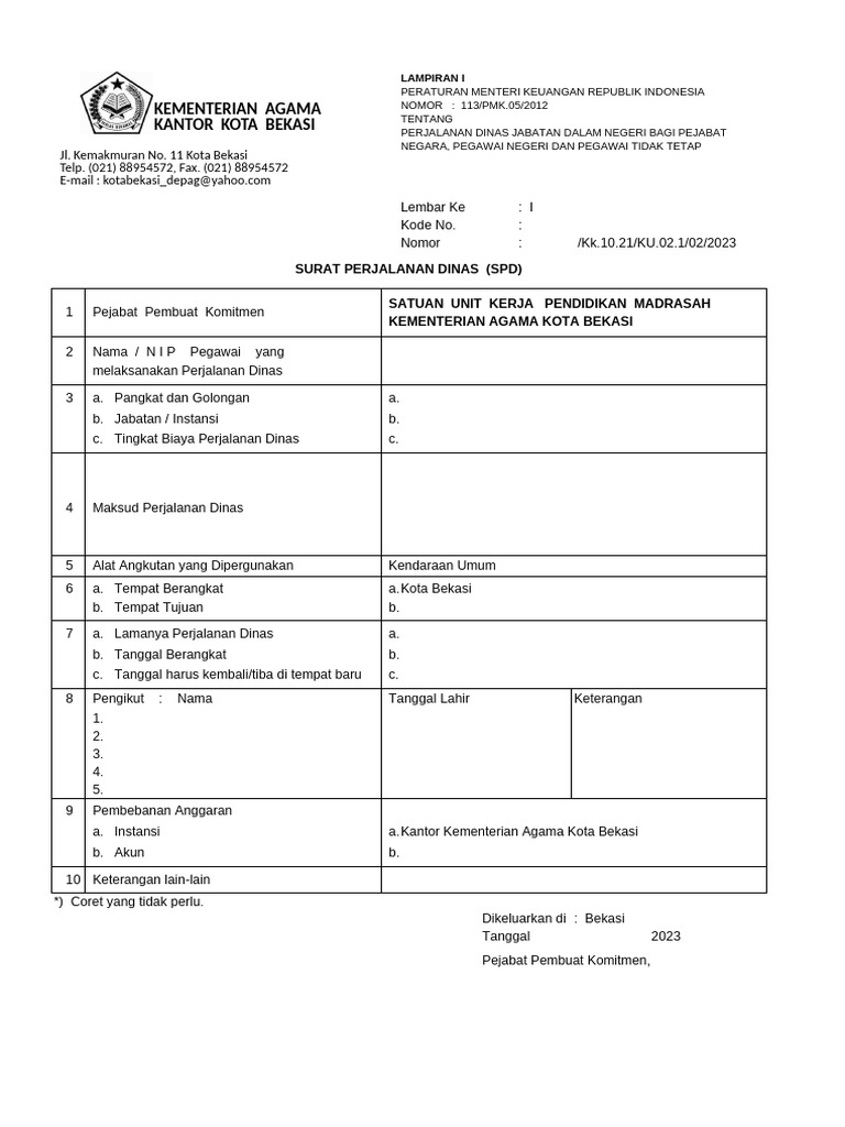 Peraturan Perjalanan Dinas Kemenag 2023 | PDF
