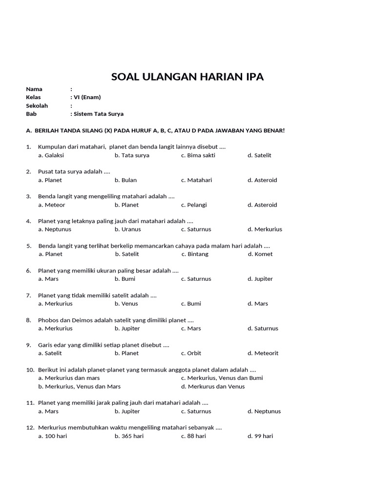 548270225-Soal-IPA-Kelas-6-SD-BAB-8-Sistem-Tata-Surya-Dan-Kunci-Jawaban | PDF