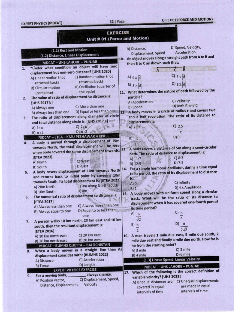 Motion and Force MCQ | PDF