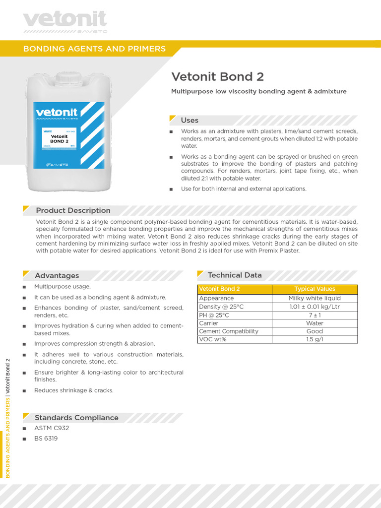 Vetonit Bond 2 Product Data Sheet | PDF | Concrete | Cement
