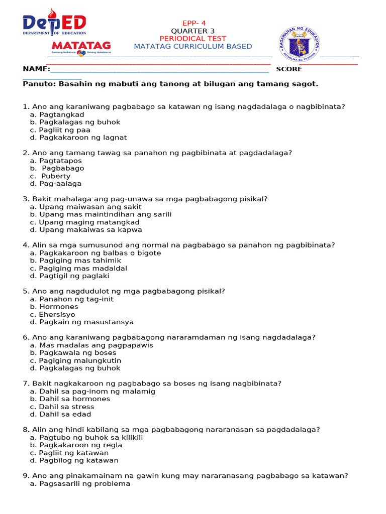 Name Panuto: Basahin NG Mabuti Ang Tanong at Bilugan Ang Tamang Sagot | PDF