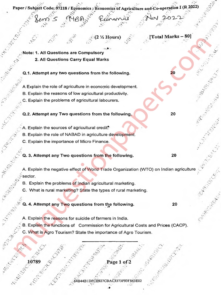 Arts - Ba Economics - Semester 5 - 2022 - December - Economics of Agriculture and Co Operation I ...