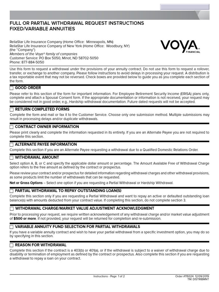 Full or Partial Withdrawal Request Instructions Fixed/Variable ...