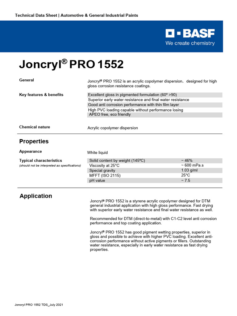Tds Joncryl Pro 1552 | PDF | Paint | Acrylic Paint