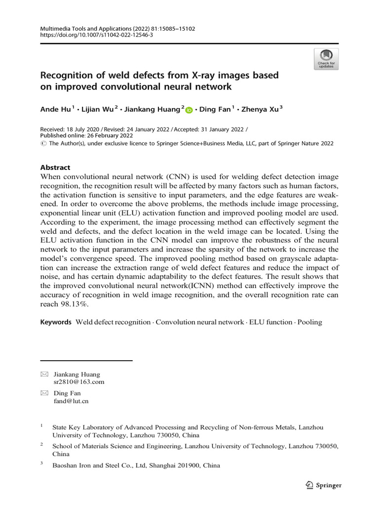 Recognition Of Weld Defects From X Ray Images Based On Improved Convolutional Neural Network