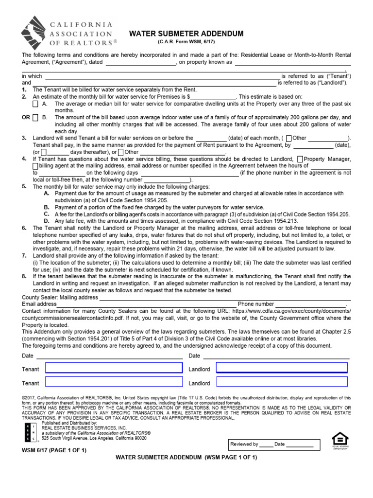California Water Submeter Addendum | PDF | Leasehold Estate | Renting