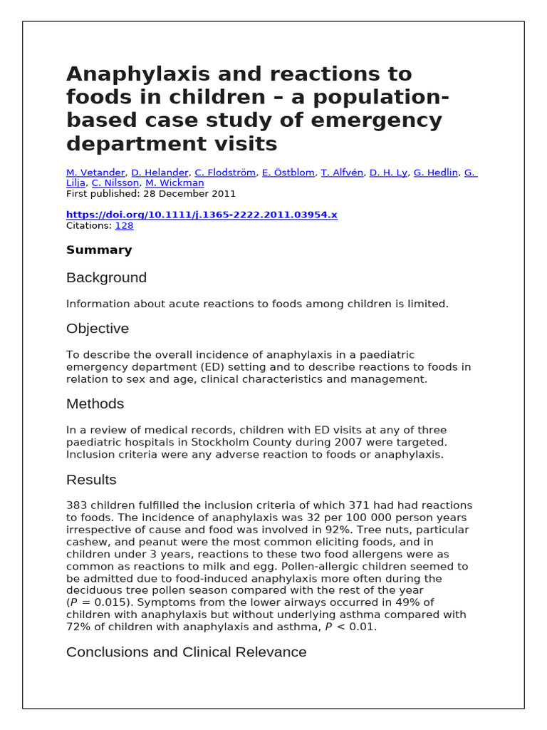 Anaphylaxis and Reactions To Foods in Children | PDF