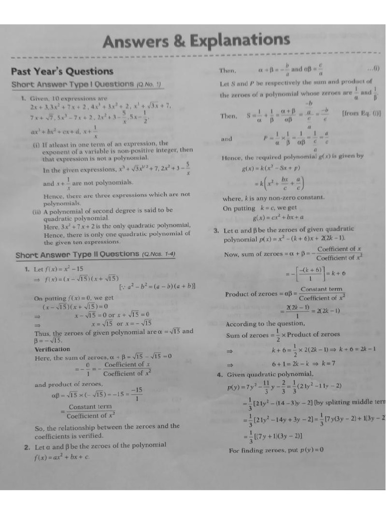 Chapter - 2 (Polynomials) Answers & Explanations | PDF