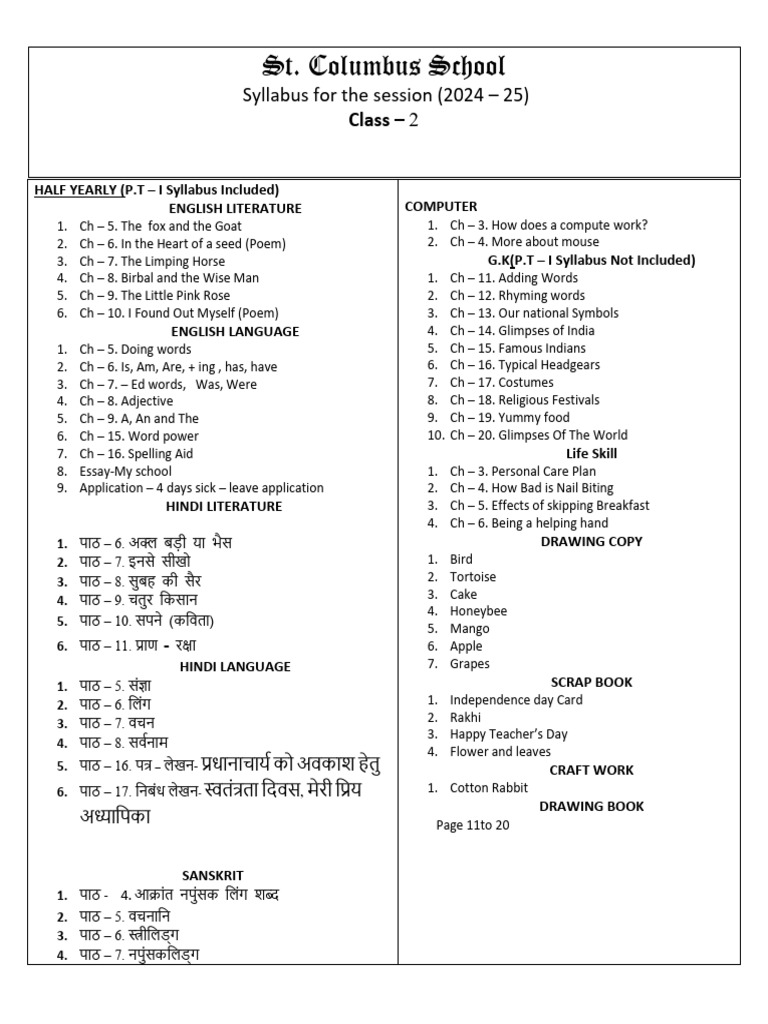 Class 2 Syllabus 2024-25 Overview | PDF